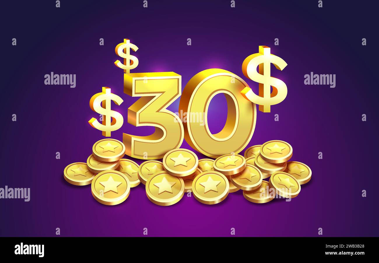 Cash back 30 dollar Percentage golden coins, financial save off. Vector ...