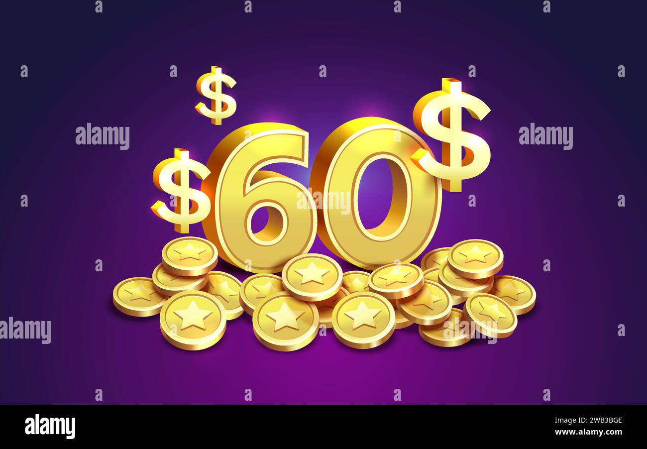 Cash back 60 dollar percentage golden coins hi-res stock photography ...