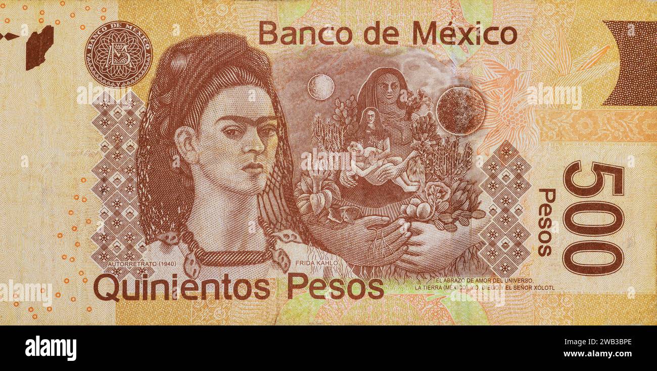 Money bills in Mexican currency, Mexico denominations 500 pesos banknote cash, close up back ...