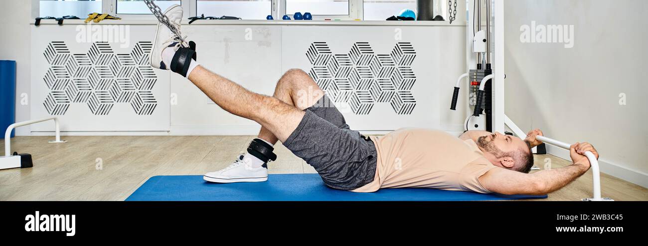 side view of man lying down on fitness mat during recovery training in ...