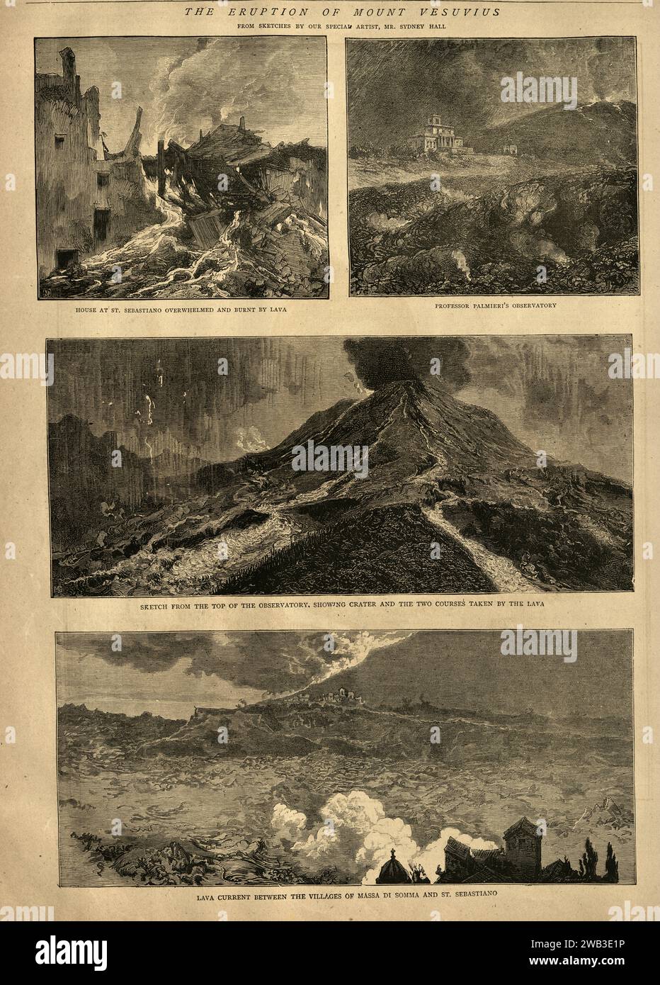 Vintage illustration Scenes from the eruption of Mount Vesuvius ...