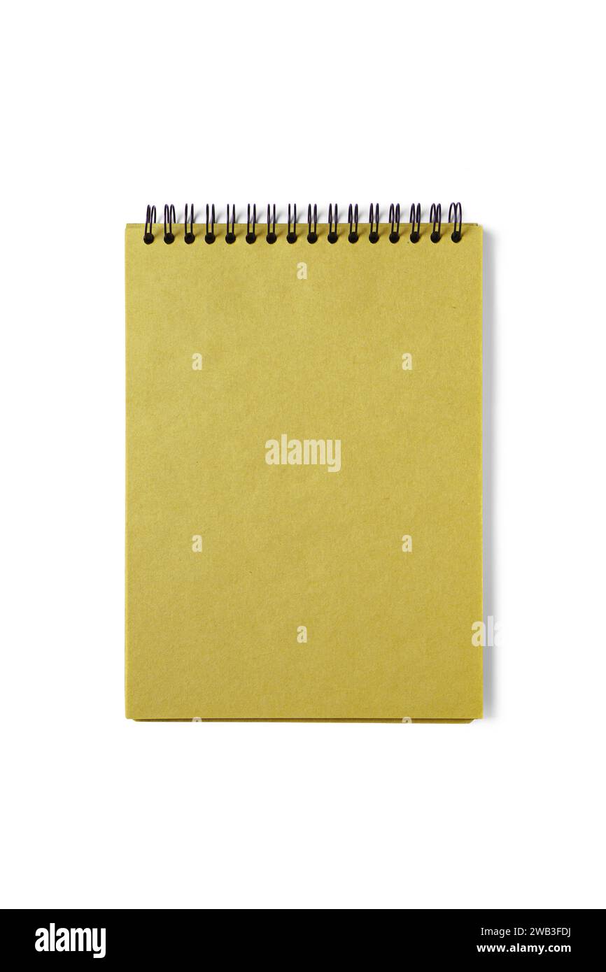 Open spiral bound notepad with craft yellow sheets, isolated on white ...