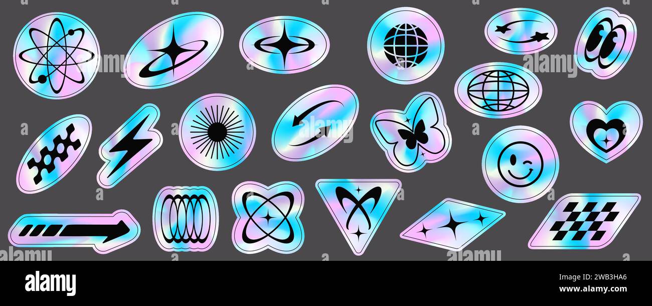 Y2k holographic stickers set. Retro gradient foil shapes and futuristic ...