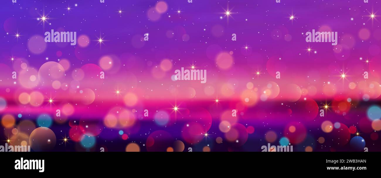 Purple background with bokeh and glitter. Golden glitter and stars ...