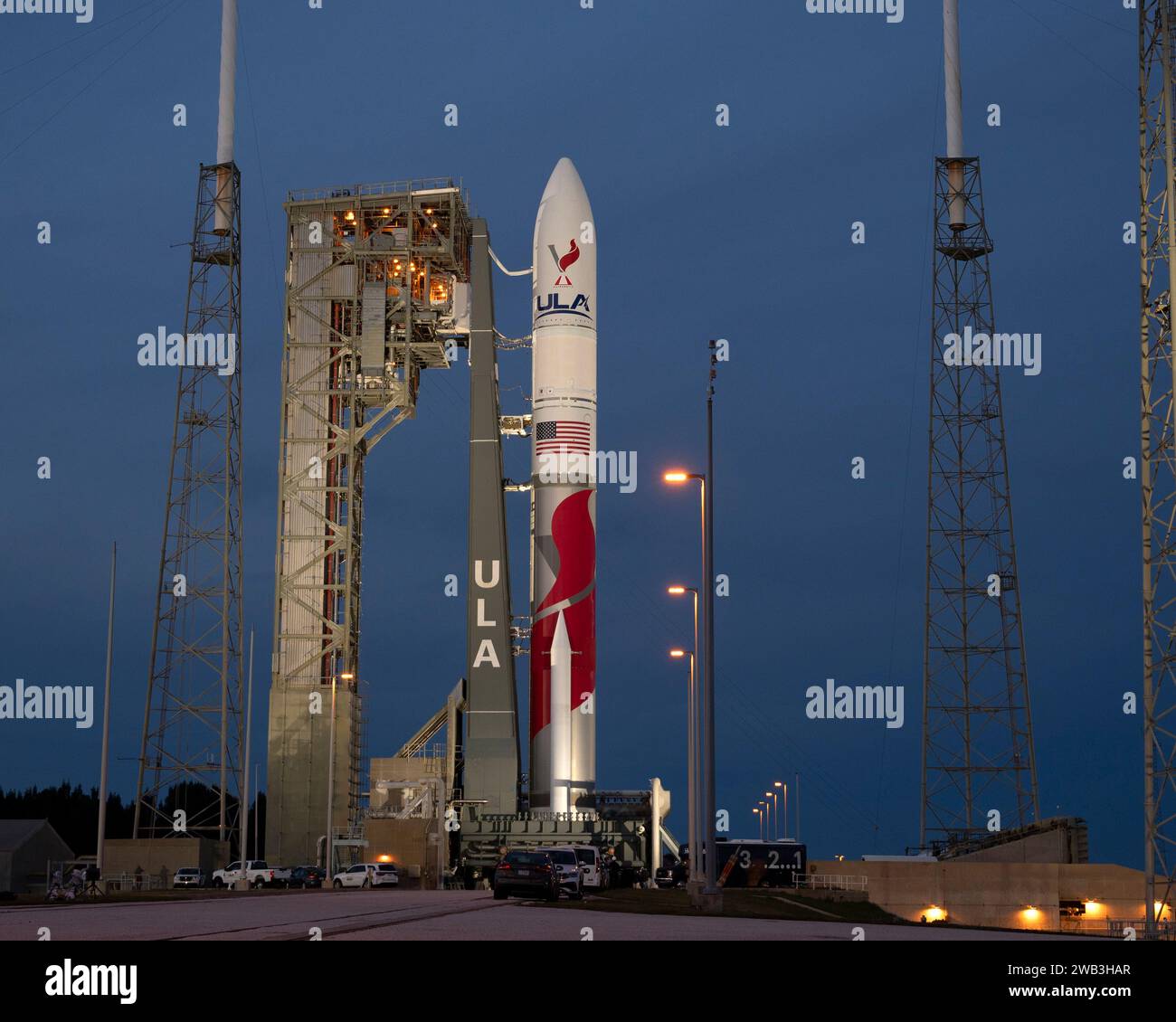 A United Launch Alliance (ULA) Vulcan rocket is prepared for its maiden launch on Complex 41 at ...