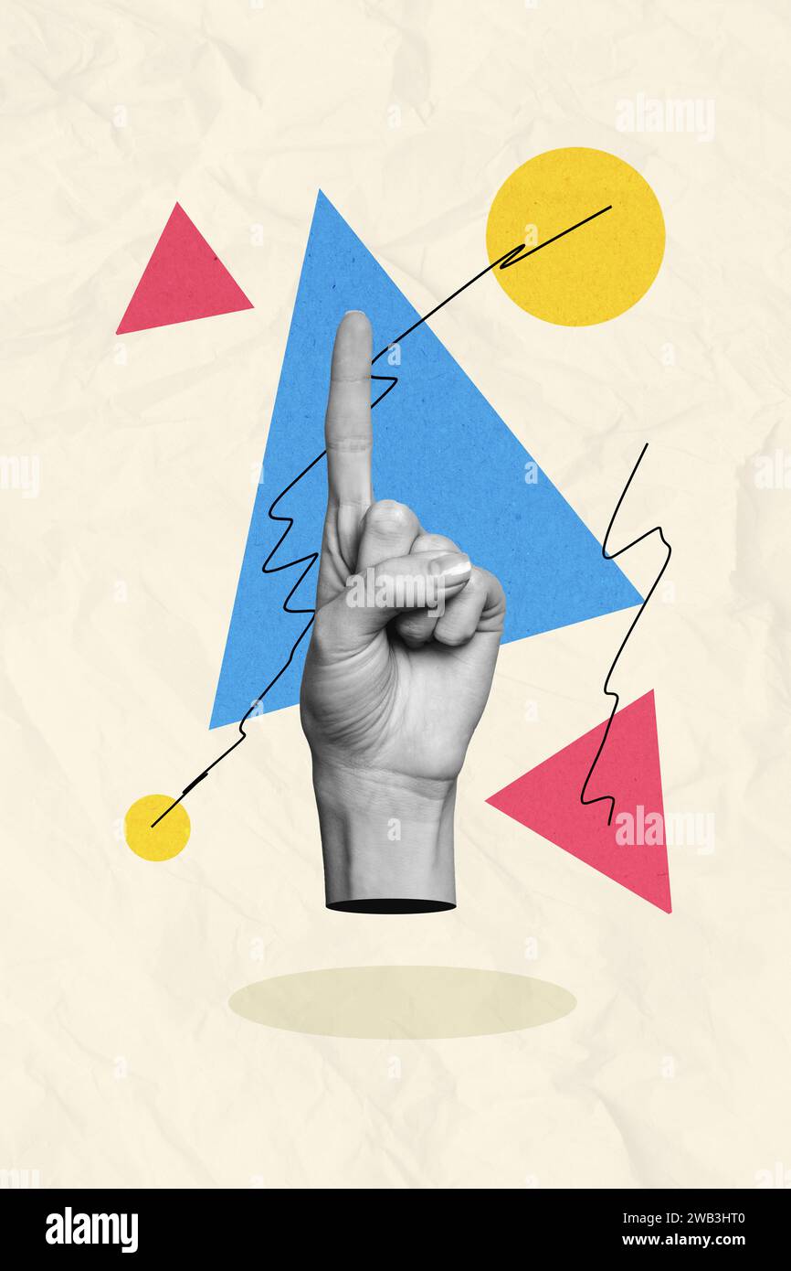 Vertical composite photo collage of hand pointing finger up showing ...