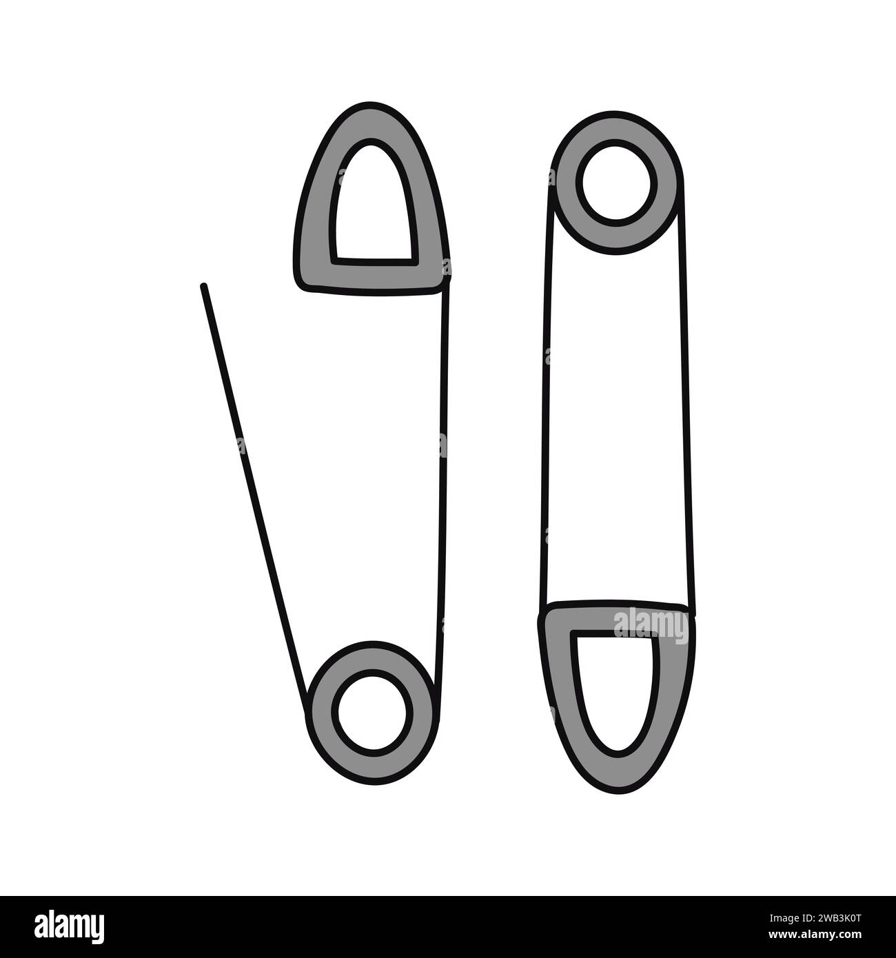 Open and closed safety pin. Hand drawn flat vector illustration isolated on white background ...