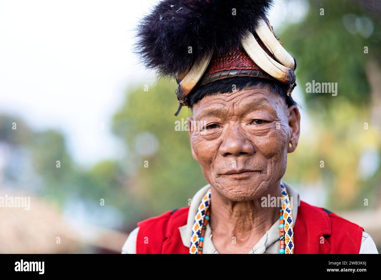 Portrait of an Elder from Konyak tribe in traditional ceremonial ...