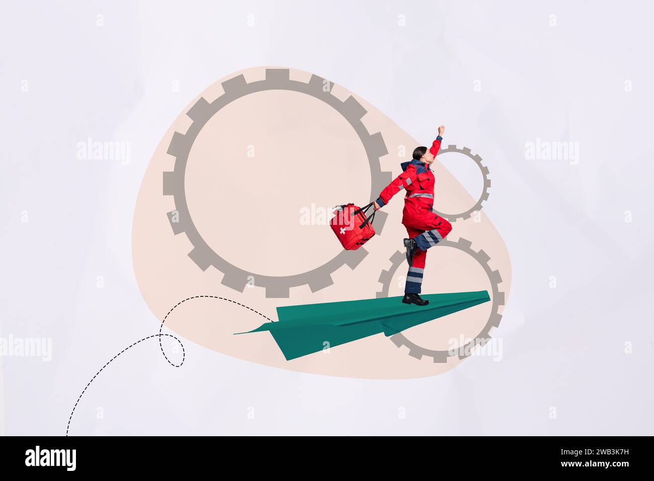 Creative picture collage of young woman paramedic running flying paper ...