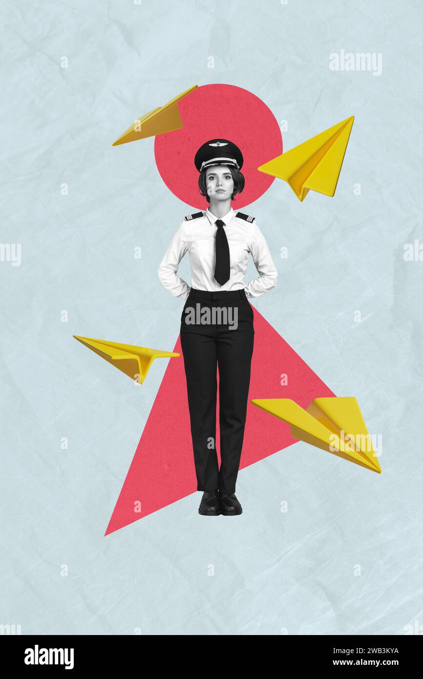 Vertical composite photo collage of young serious pilot woman airplane ...