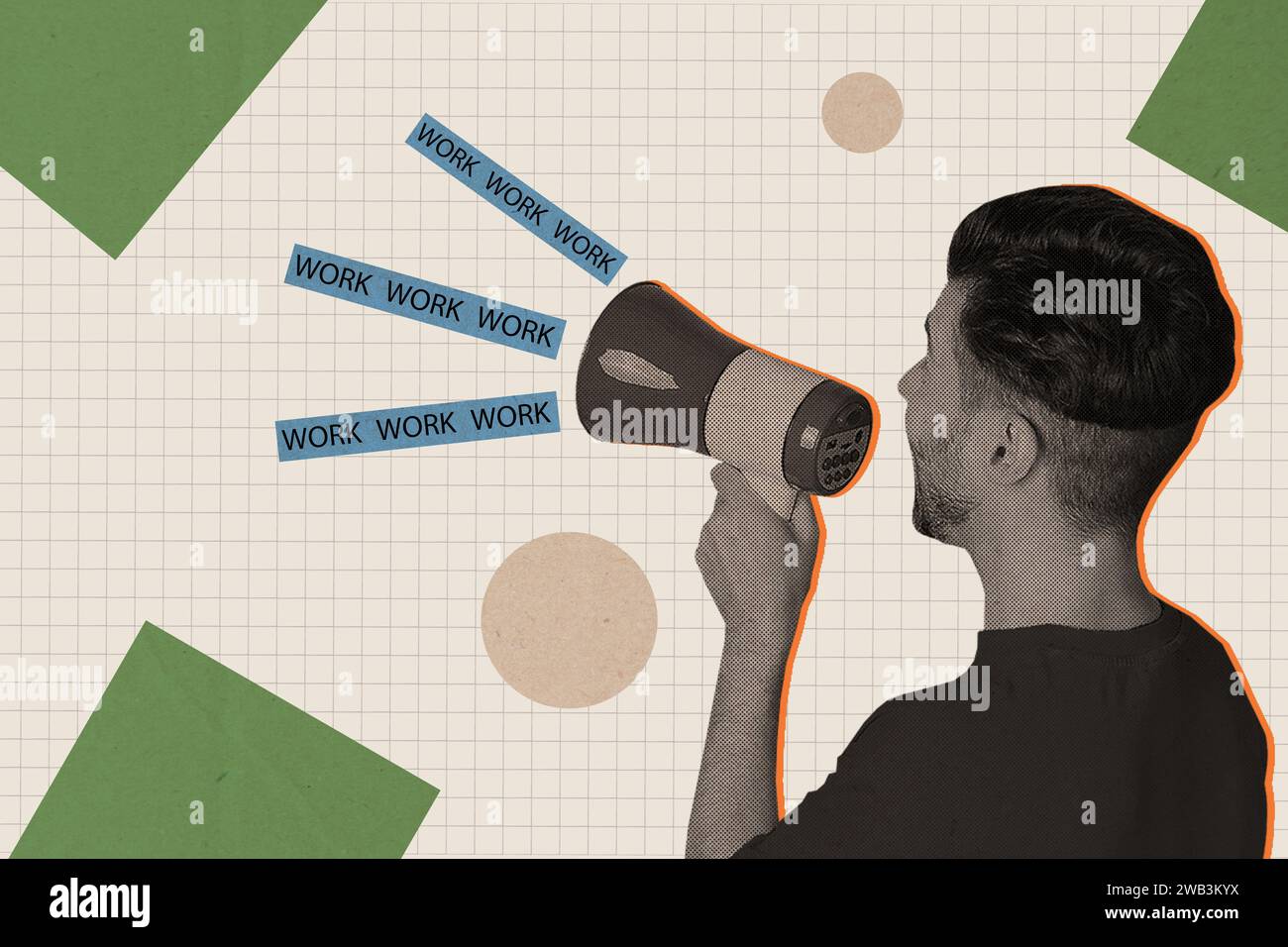 Horizontal creative pinup photo collage of young guy hold loudspeaker ...