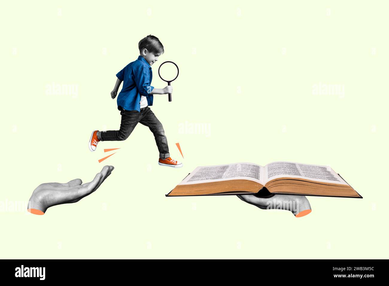 Photo collage picture banner young small schoolkid boy searching ...