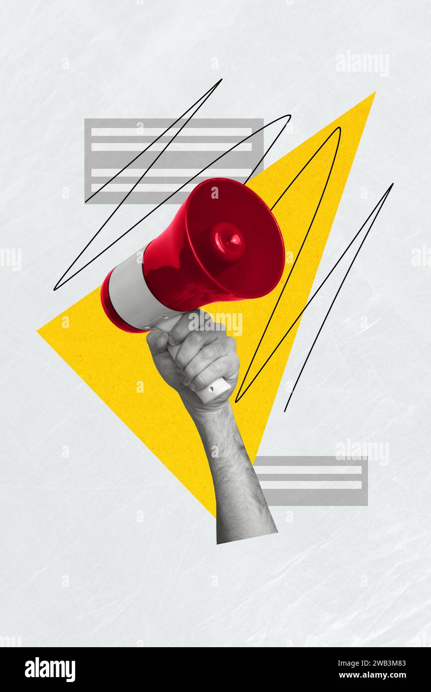 Vertical photo collage of hand holding loud speaker megaphone proclaim ...