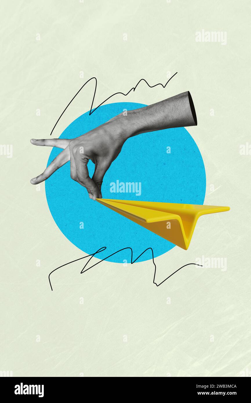 Vertical artwork photo collage of hand stopped receive catch paper ...