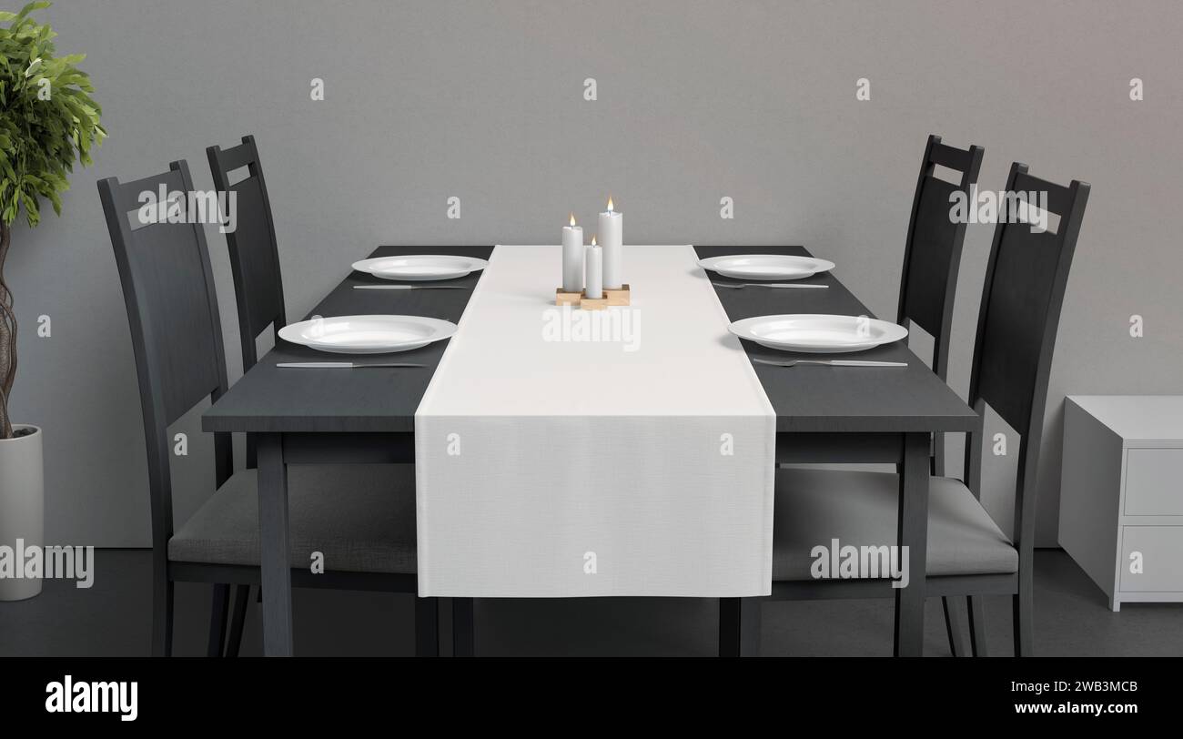 Blank white table runner and dishes mockup crop, interior background ...