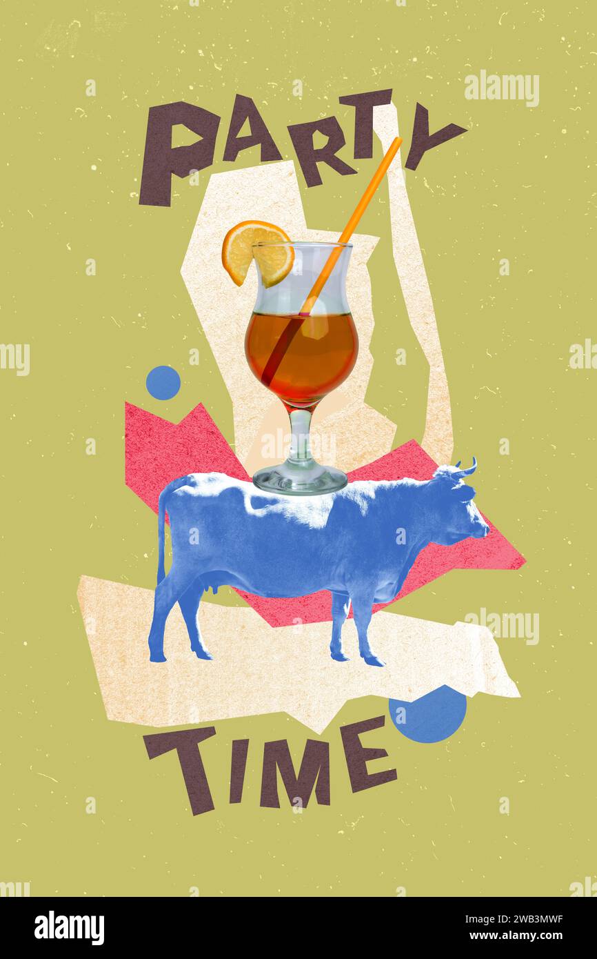 Vertical collage picture of mini cow hold big alcohol cocktail glass ...