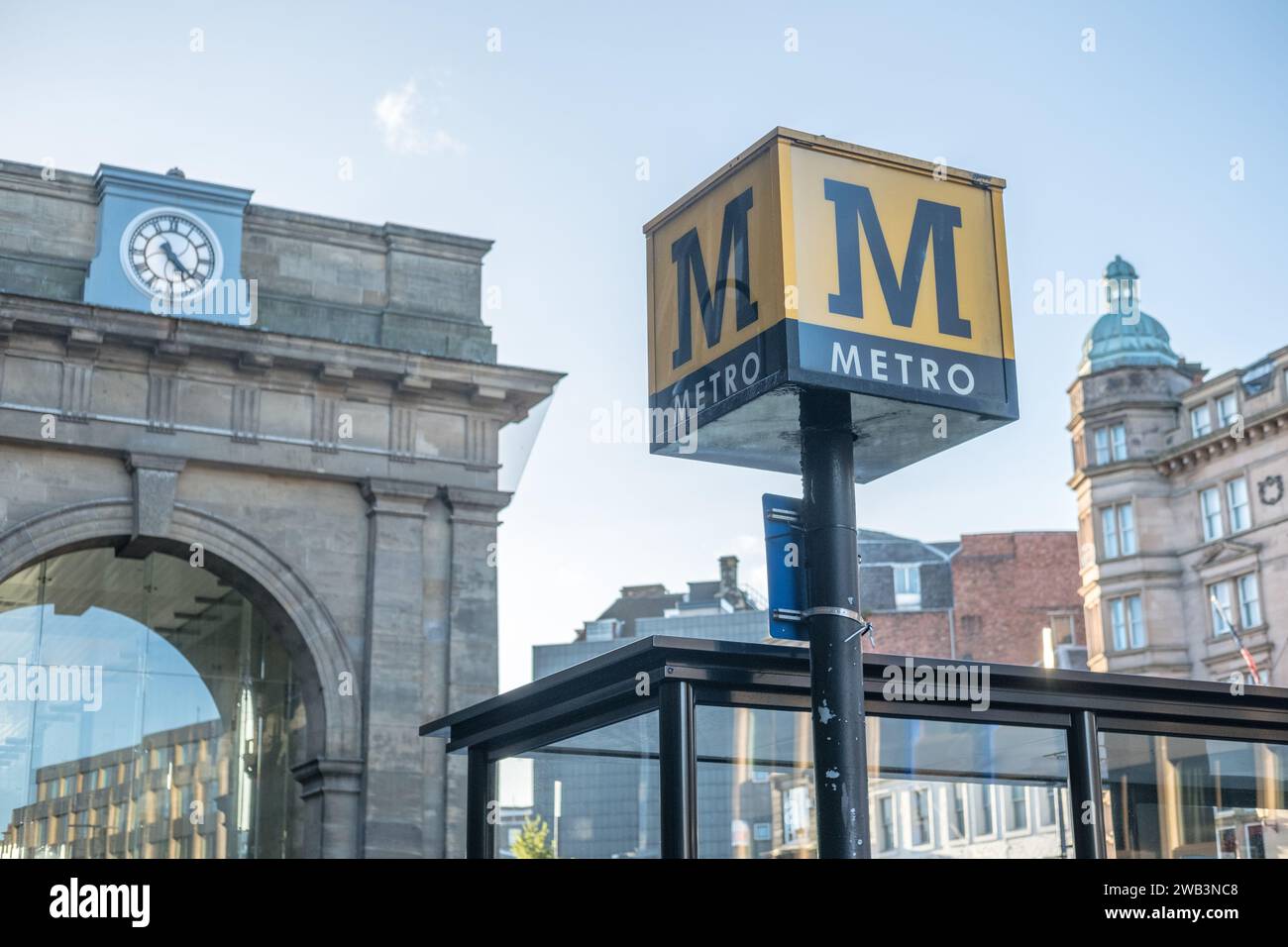 Newcastle, England - 2 October 2017: Metro Sign in front of the station ...