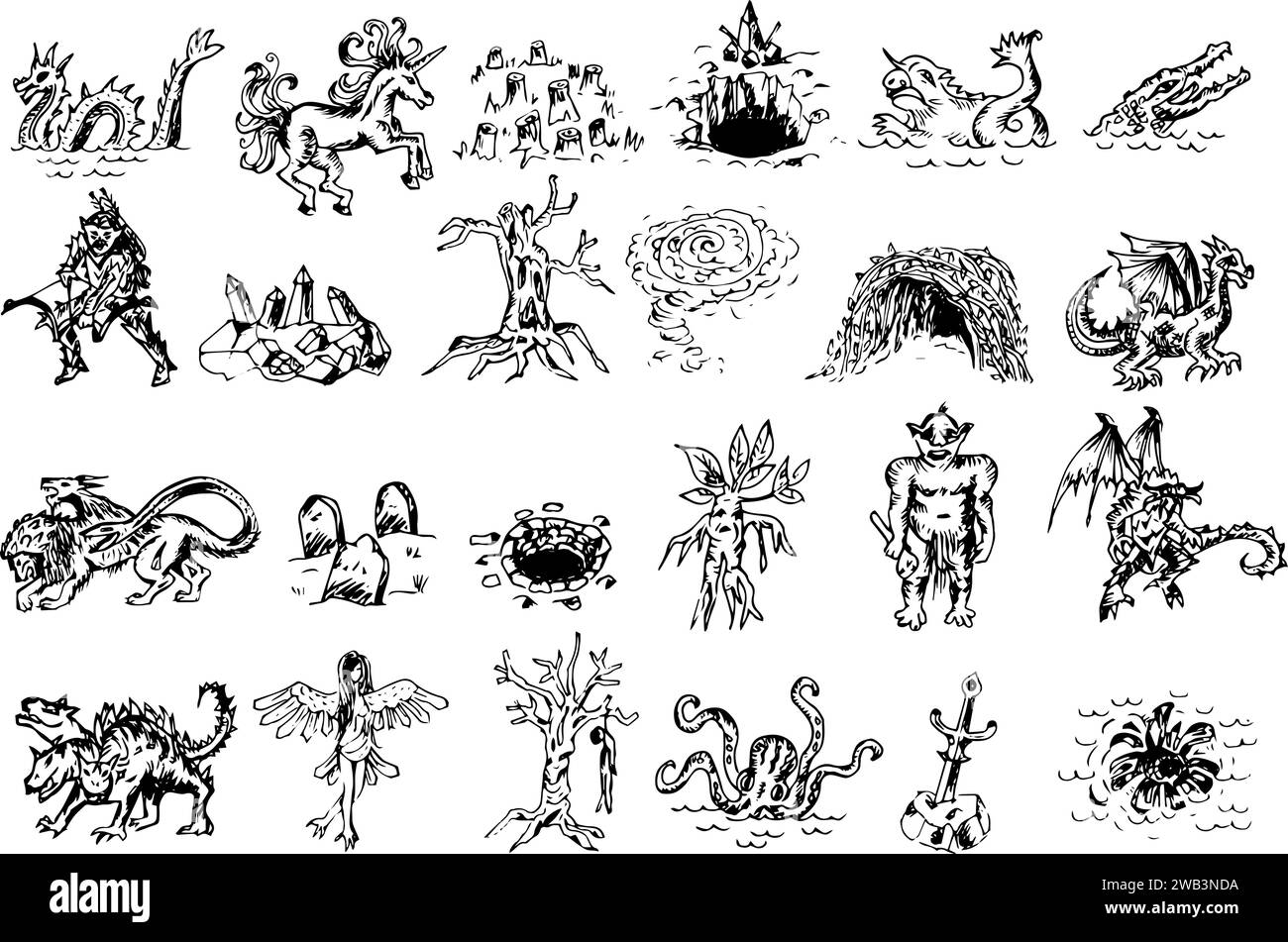 Fantasy map elements of mythical monster symbols, line drawings, vectors Stock Vector Image ...
