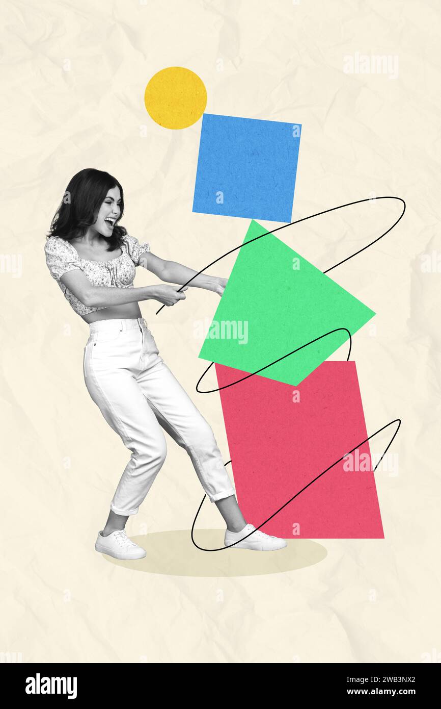 Vertical photo collage of young girl grab rope try to pull geometric ...