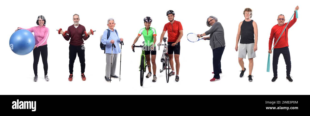group of people practicing exercise on white background Stock Photo - Alamy
