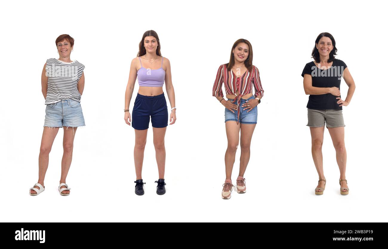 front view of a group of women wearing shorts on white background Stock ...
