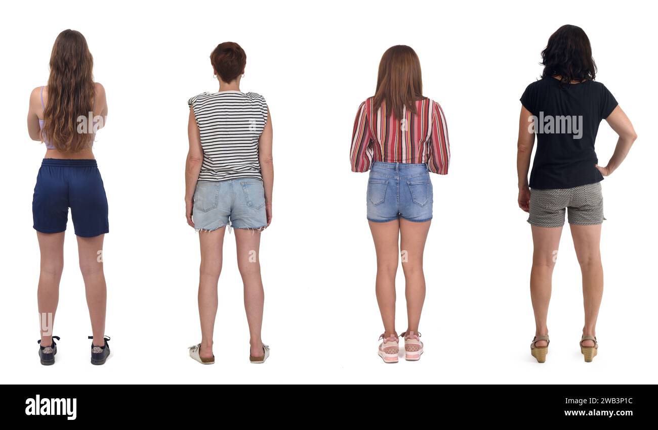 back view of a group of women wearing shorts on white background Stock ...