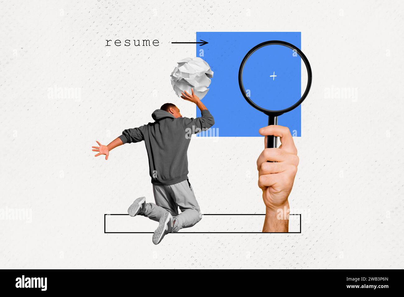 Horizontal funny photo collage of young guy looking for job work jump ...