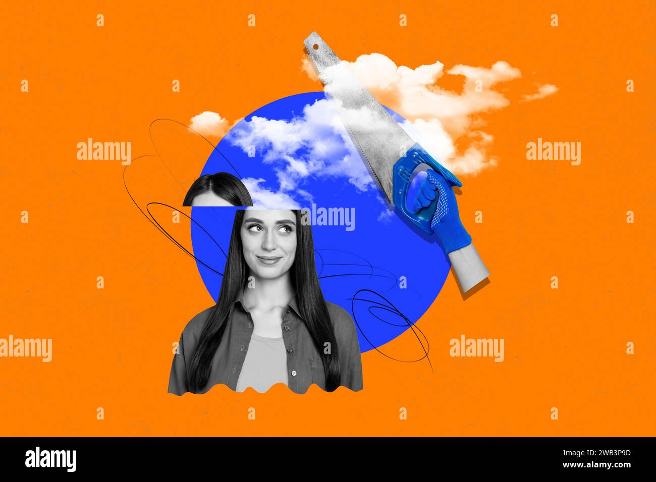 Horizontal surreal photo collage of young girl with sawed off half of ...