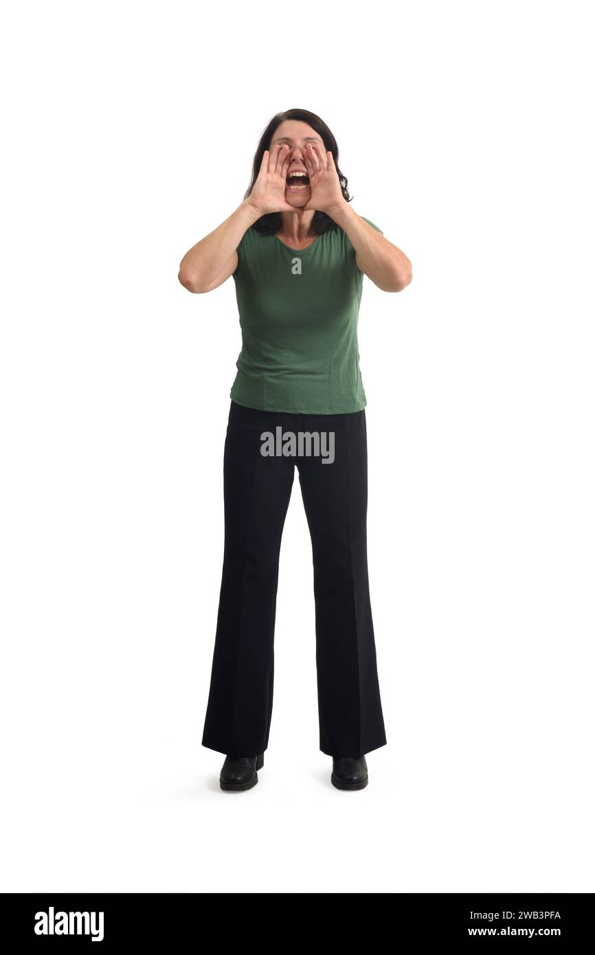 front view of a standing woman who is screaming on white background ...