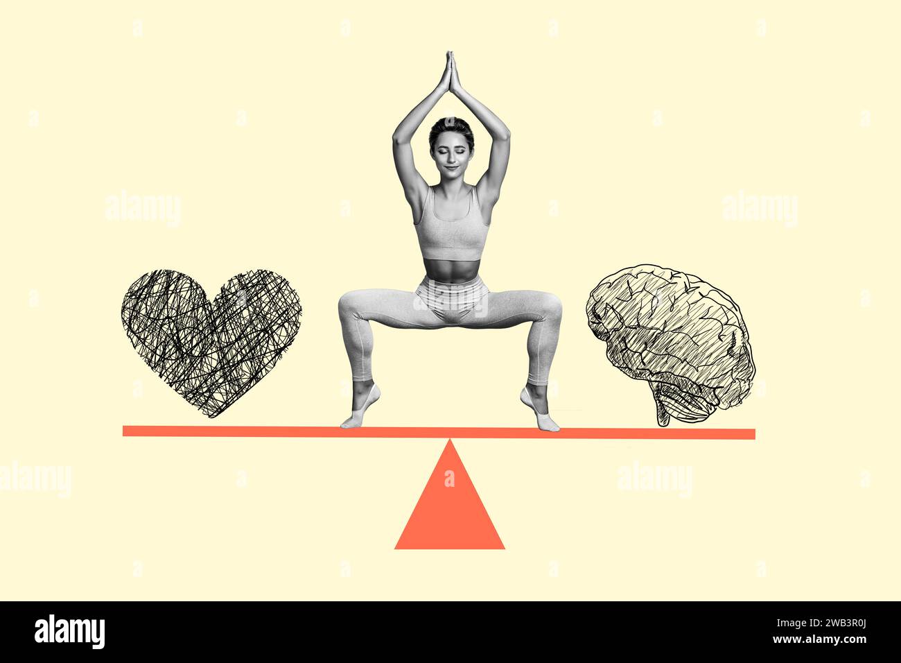 Collage image picture of concentrated woman mediating balancing between ...