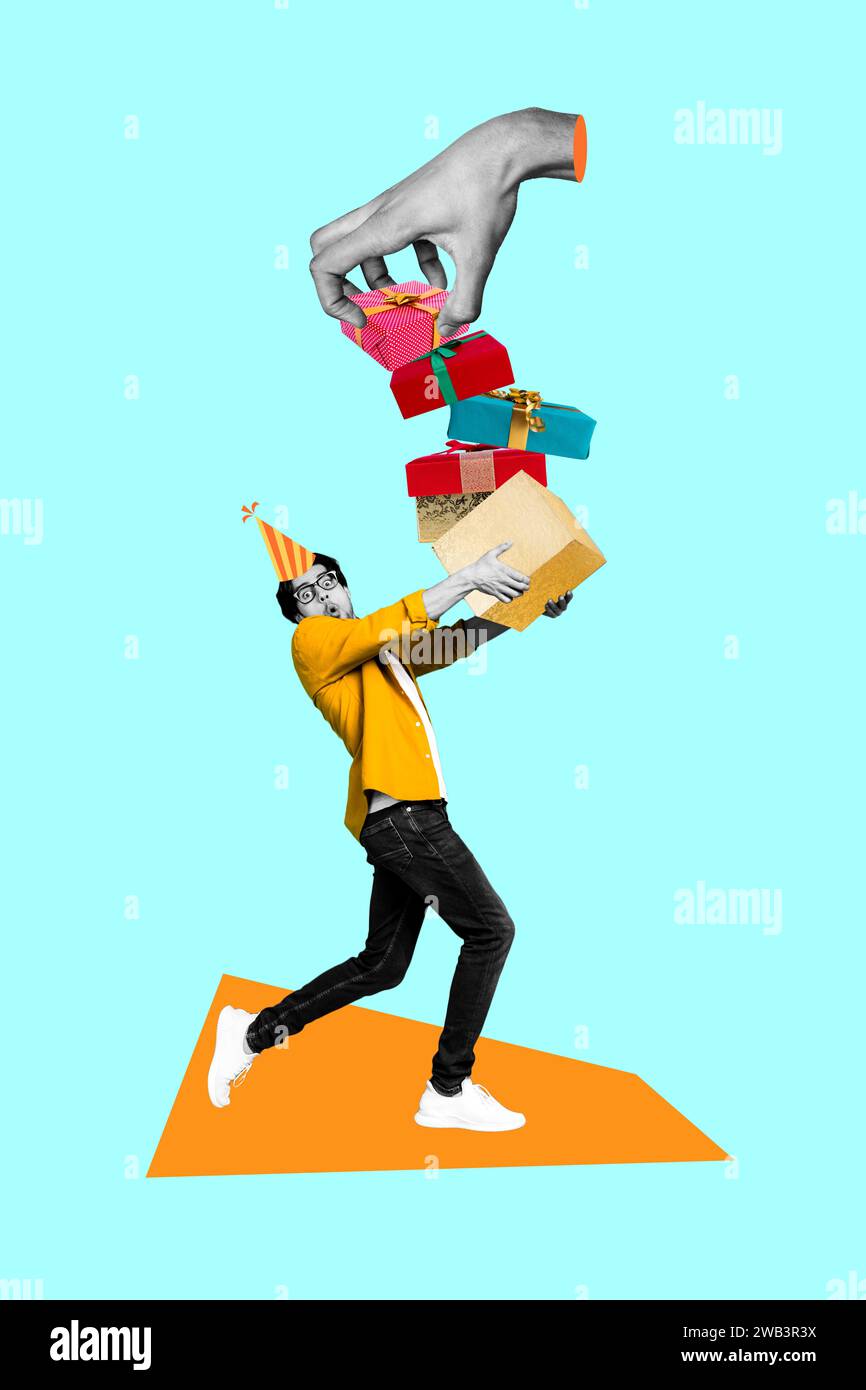 Vertical poster picture creative collage funny young birtday man carry ...