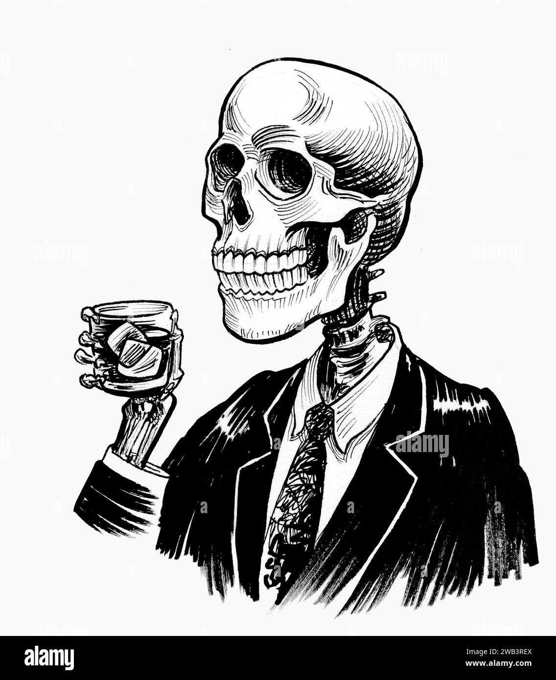 Skeleton drinking a glass of whiskey. Hand-drawn ink black and white ...