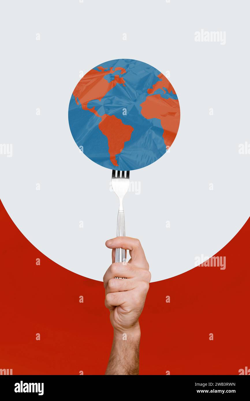 Vertical collage picture illustration human hand hold fork eat planet ...