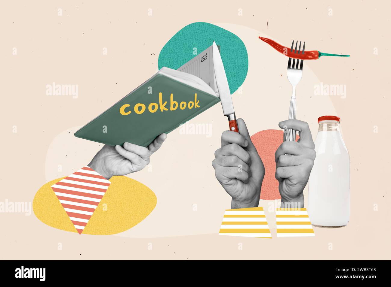 Composite collage picture image of hands hold cutlery cookbook recipe ...