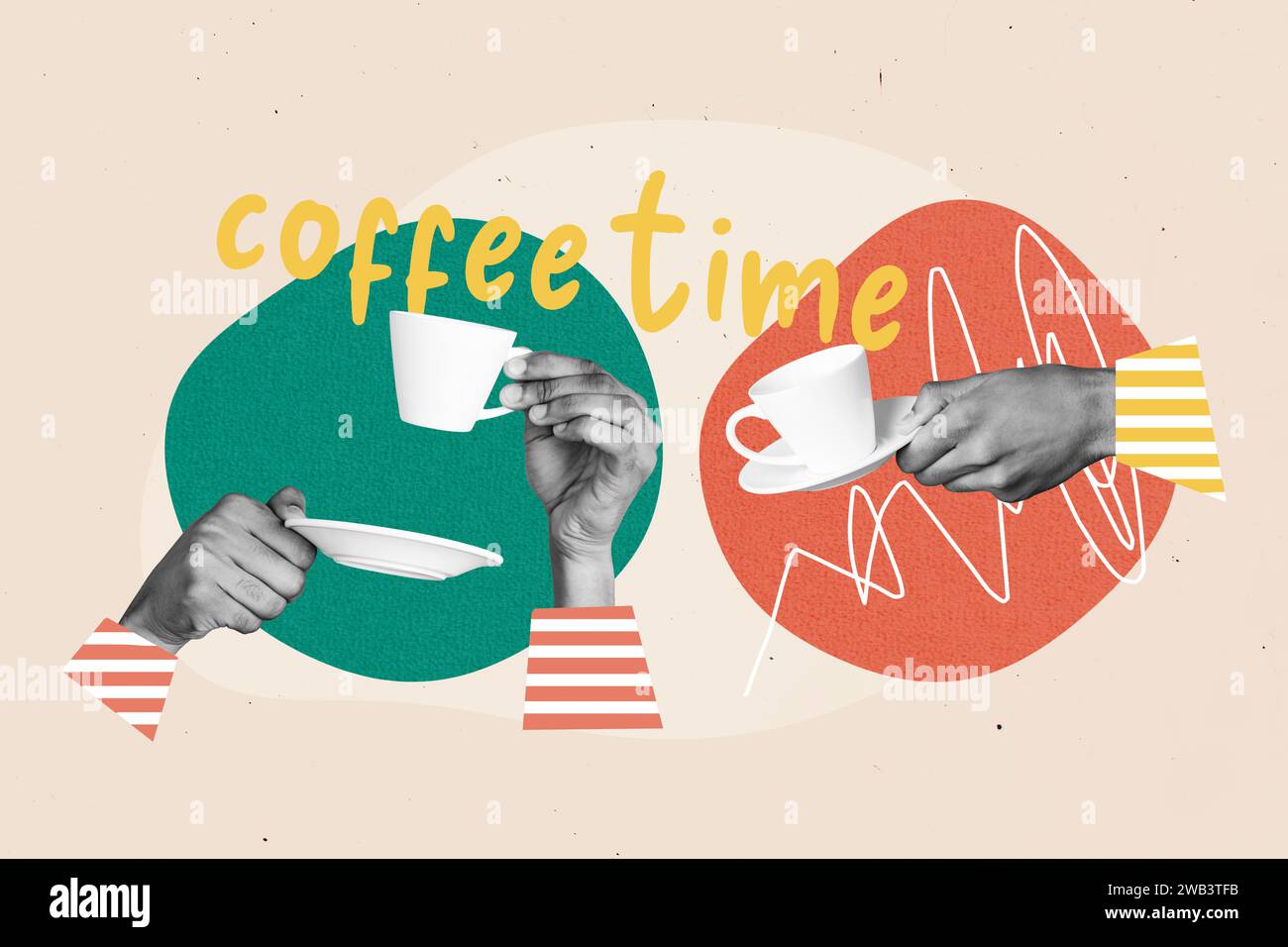 Creative drawing collage picture of hands hold cups coffee time pause ...
