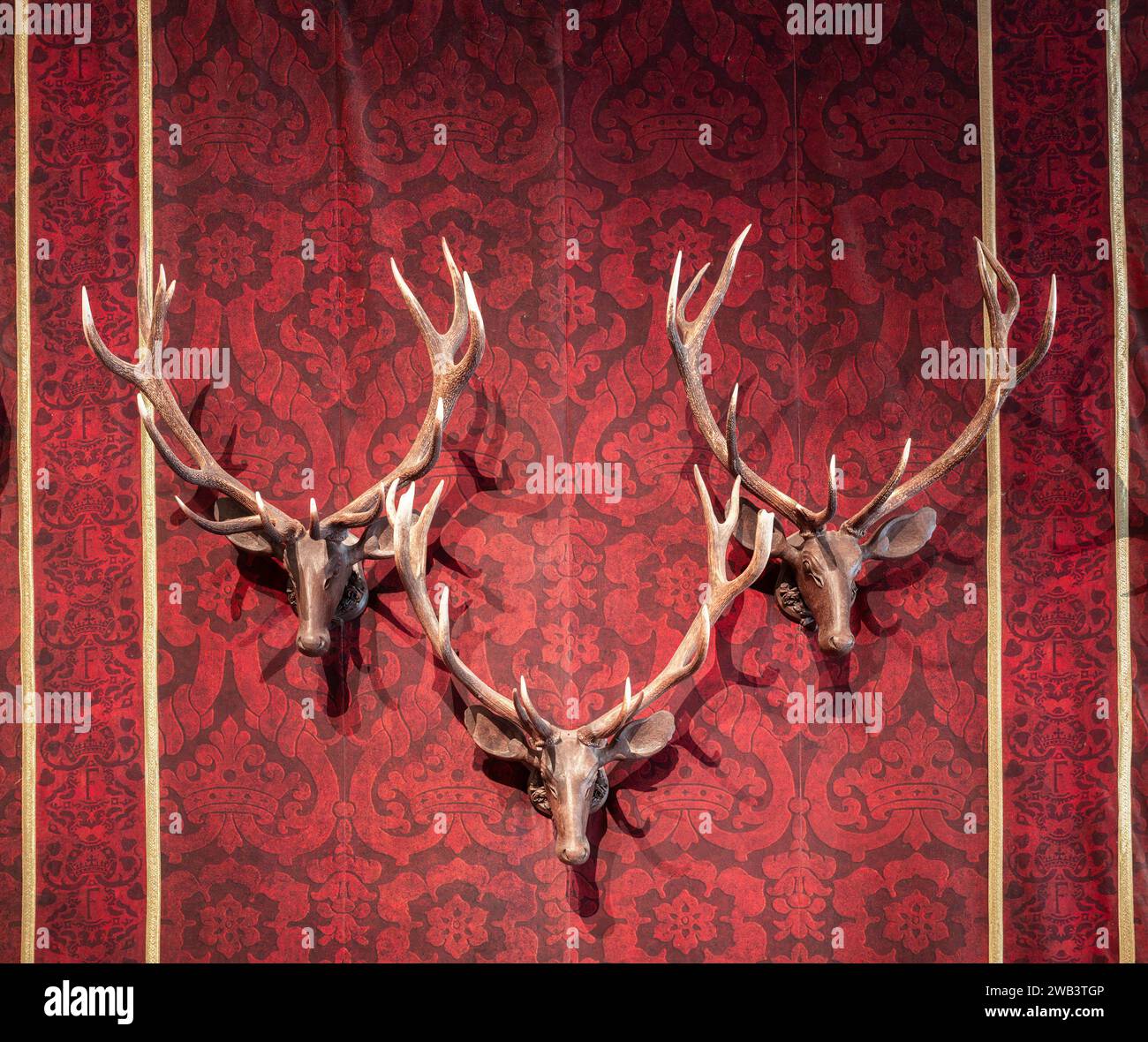 Chambord, France - August 11, 2023: Decorative antlers and game hunting ...