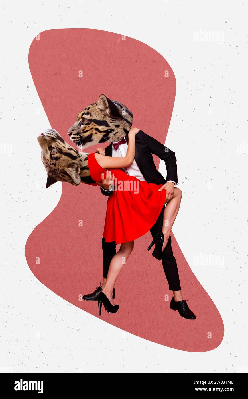 Vertical artwork surreal photo collage of young beautiful couple dance ...