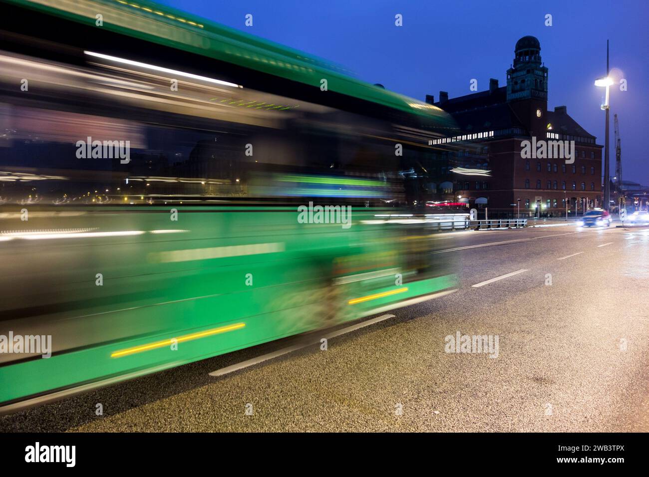 MALMO, SWEDEN - OCTOBER 25, 2014: Fast driving green bus creating ...