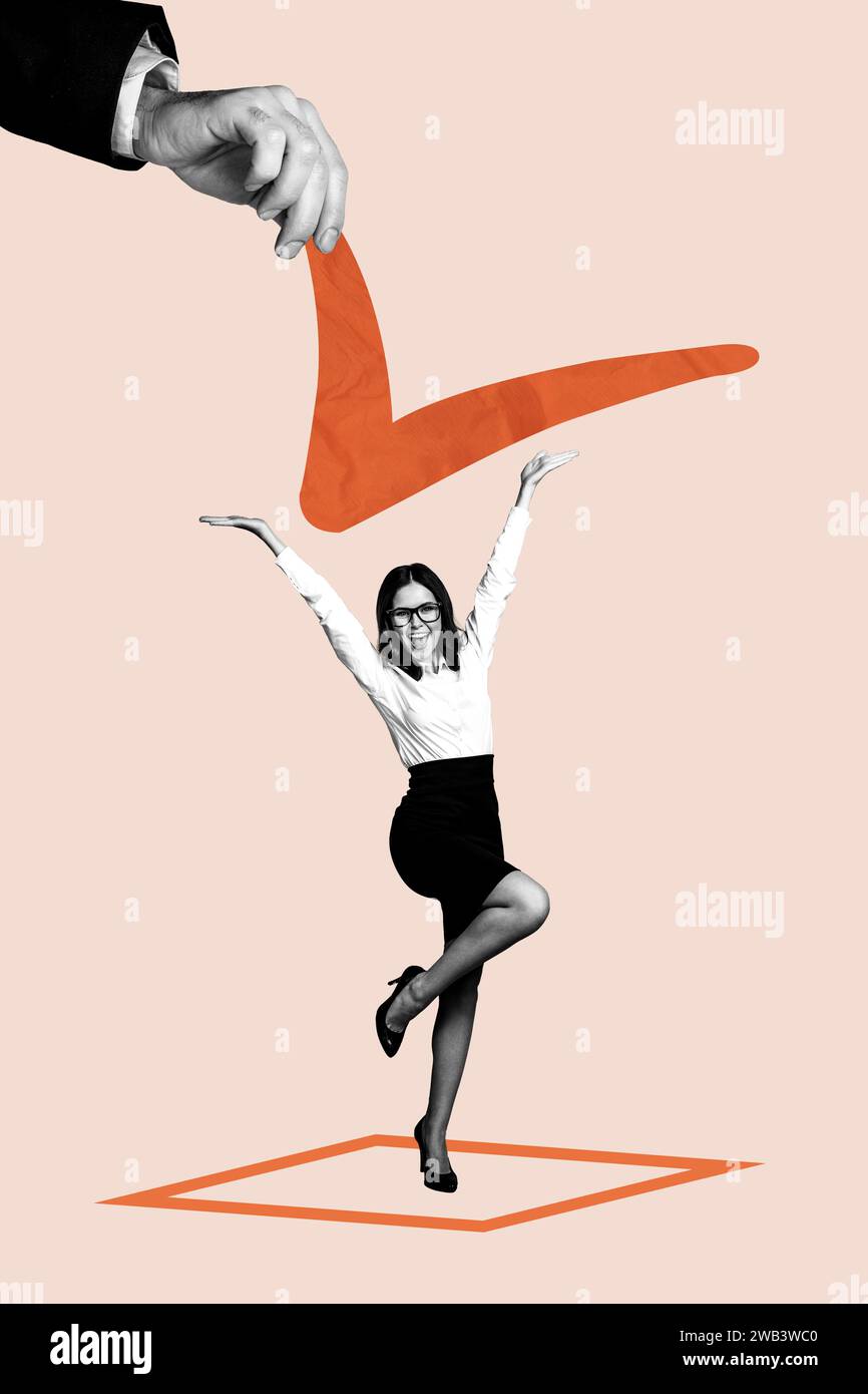 Vertical collage standing young business lady celebrating success ...