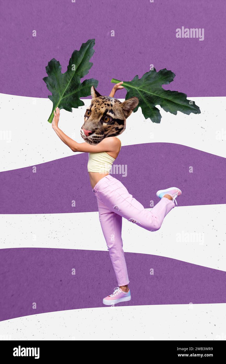 Vertical collage picture illustration headless cat person leopard mask ...