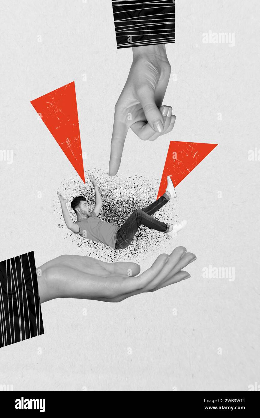 Vertical creative photo collage illustration of huge arm directing push ...