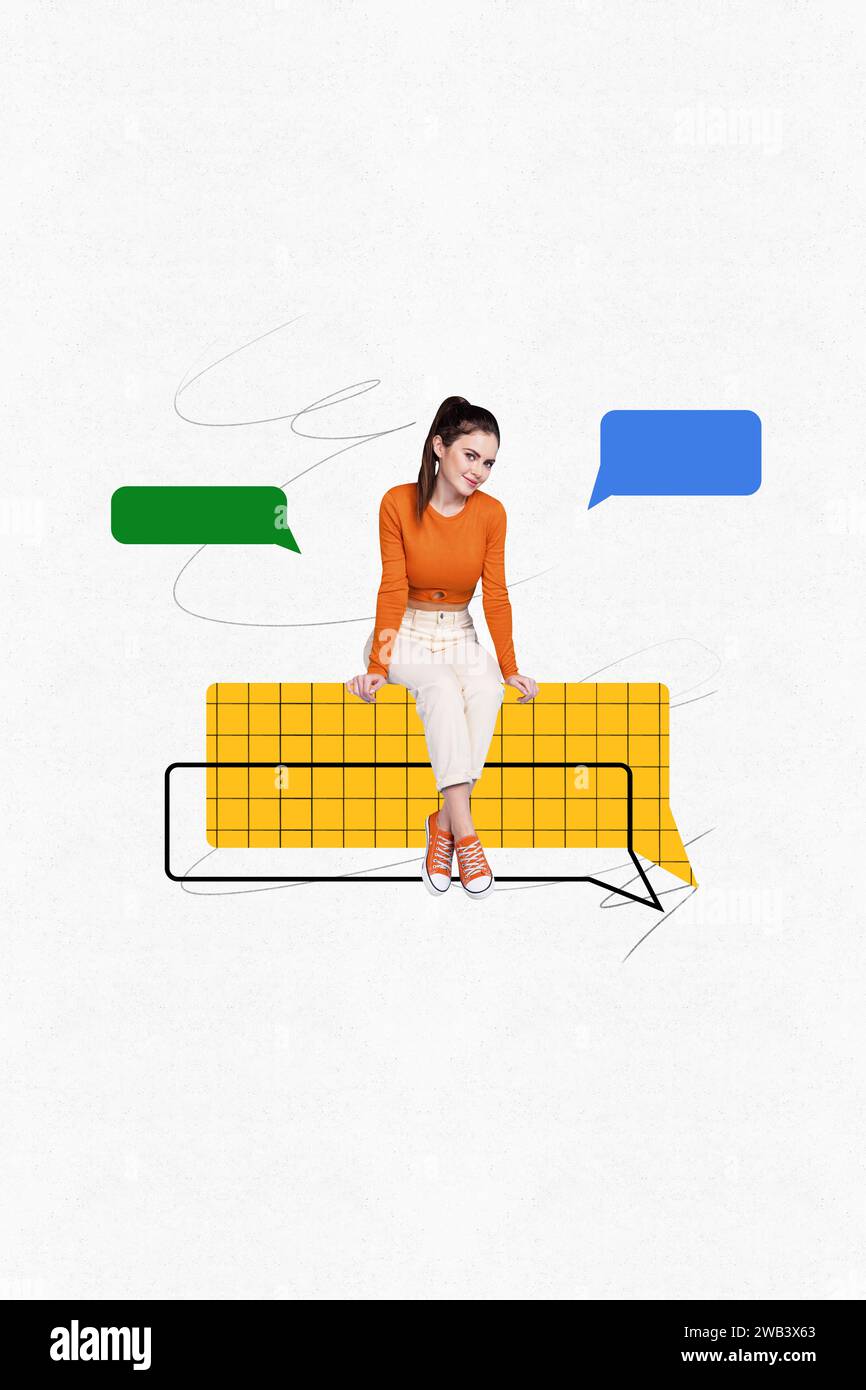 Vertical creative collage image lovely smile beautiful young lady sit ...