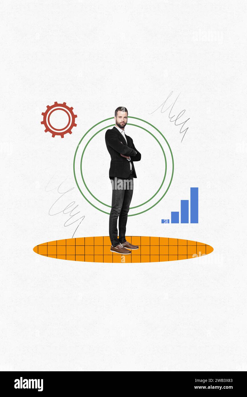 Vertical collage picture illustration handsome busy enjoy man progress ...