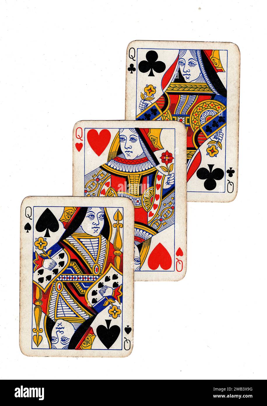 Vintage playing cards showing three queens on a white background Stock ...