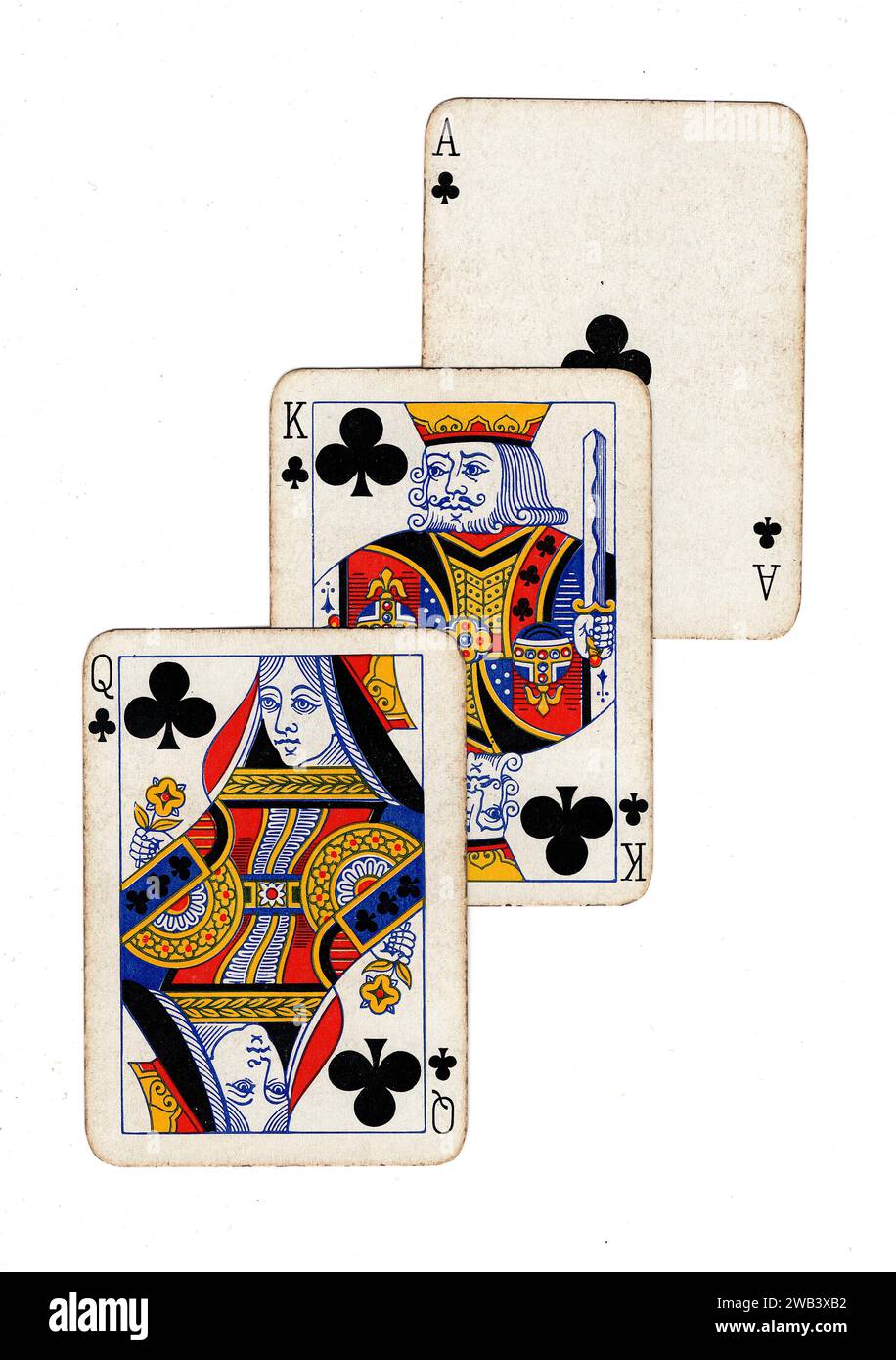 Vintage playing cards showing a queen, king and ace of clubs on a white ...