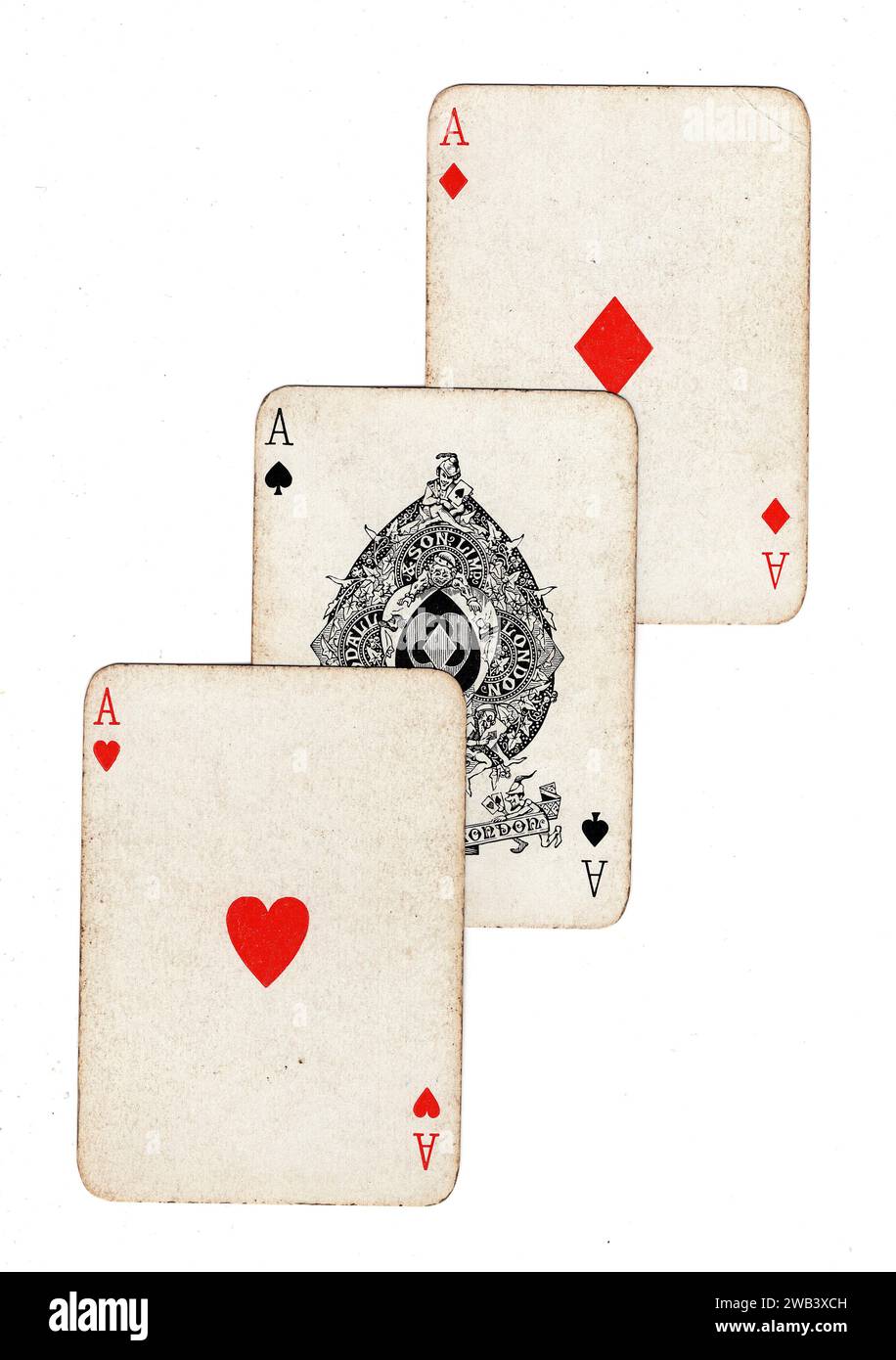 Vintage playing cards showing three aces on a white background Stock ...