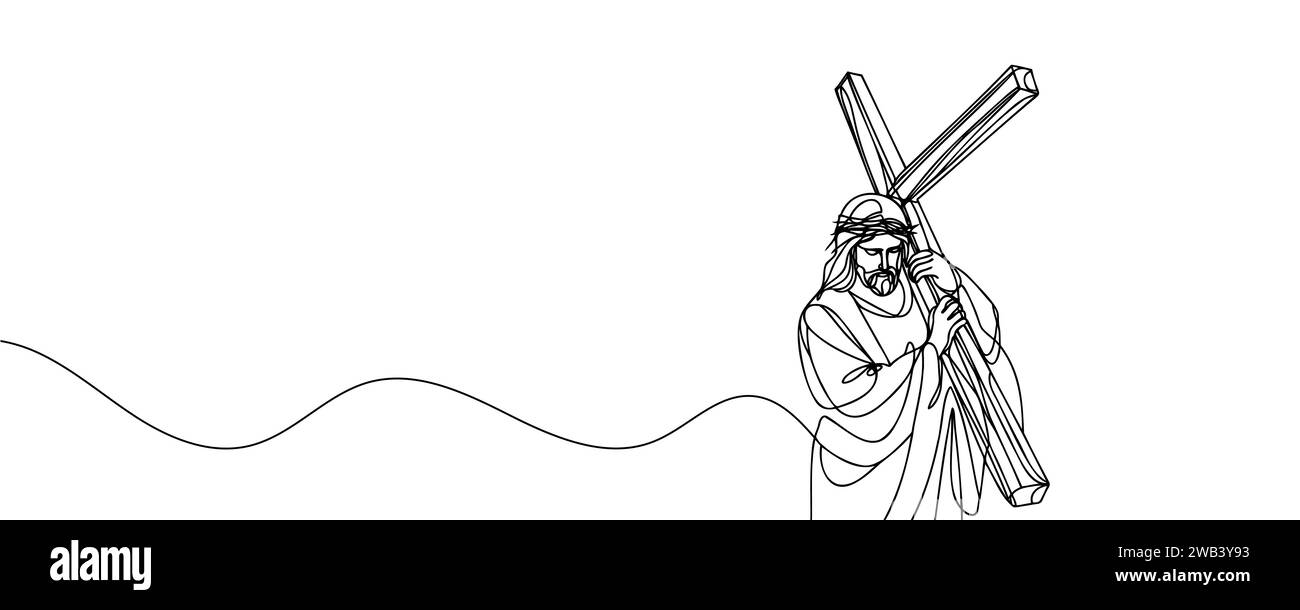 drawing of jesus christ carrying the cross drawn continuous line. Vector illustration Stock ...