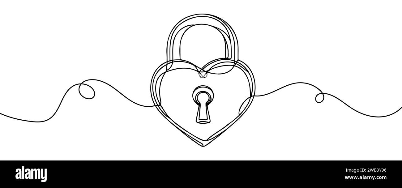 single line drawing of a heart-shaped security lock with a key hole ...