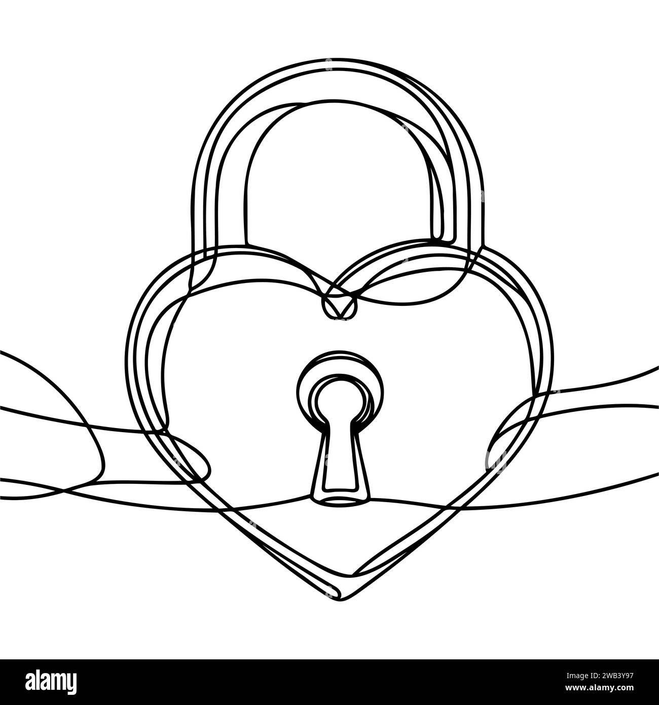 single line drawing of a heart-shaped security lock with a key hole ...