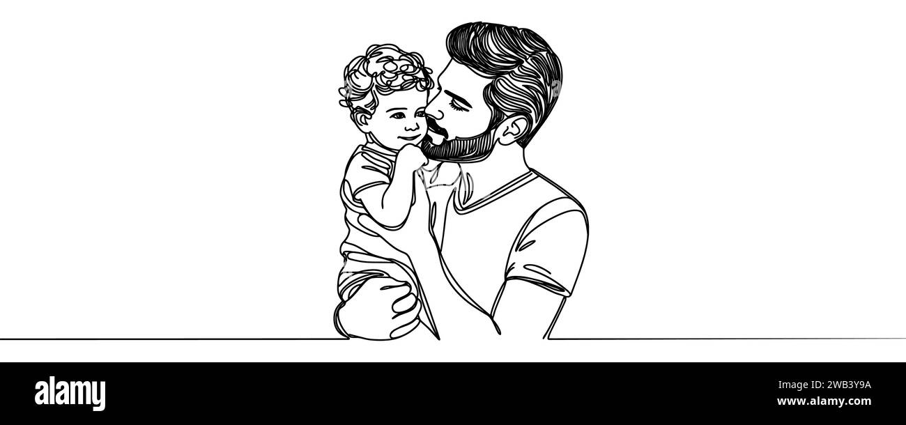 Continuous line drawing of a man holding a child in his arms. Father ...